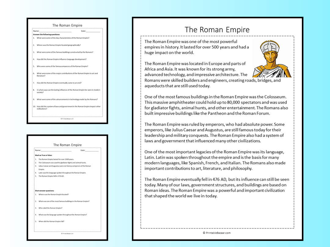 The Roman Empire Reading Comprehension Passage Printable Worksheet ...