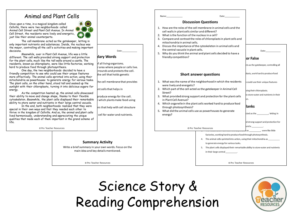 Animal and Plant Cells Reading Science Story Comprehension Questions ...