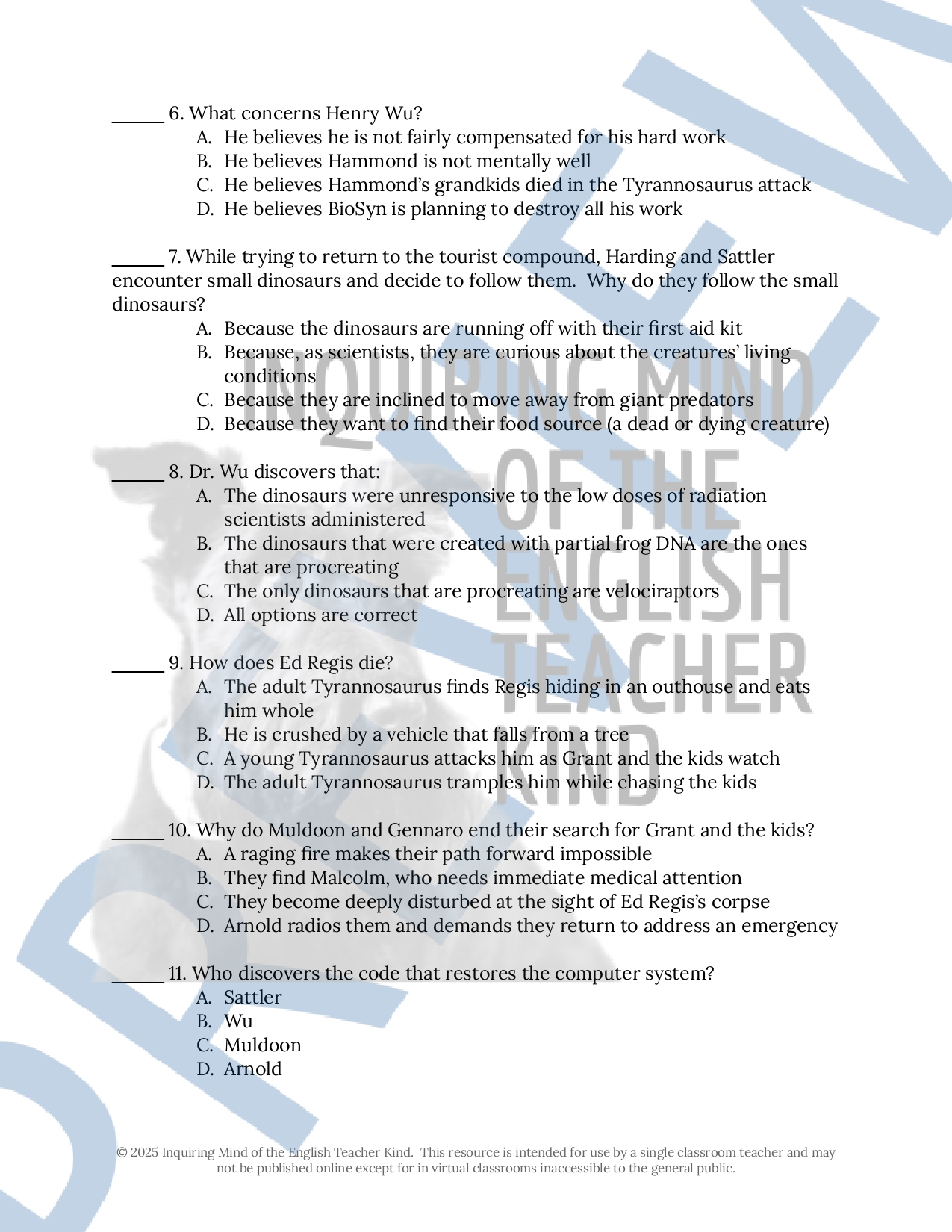 Jurassic Park by Michael Crichton Fourth Iteration Quiz and Answer Key ...
