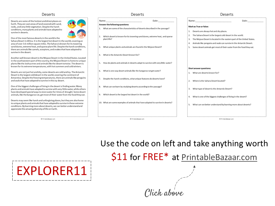 Deserts Reading Comprehension Passage Printable Worksheet Teaching
