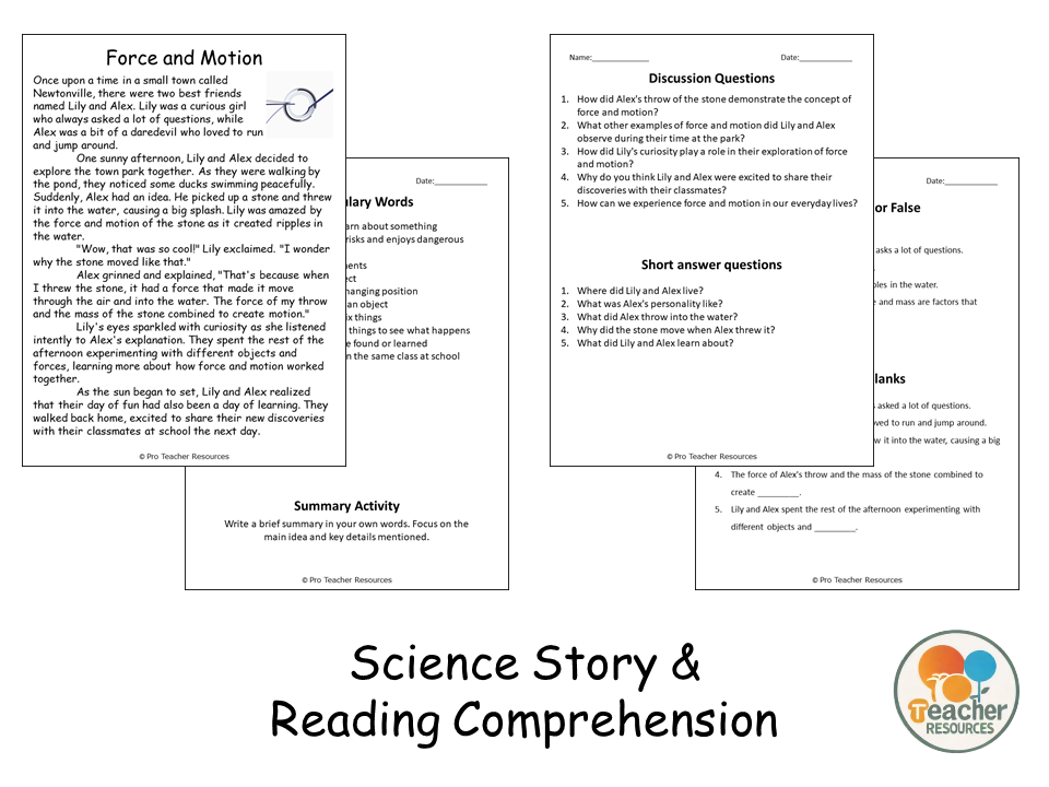 Force and Motion Reading Science Story Comprehension Questions ...