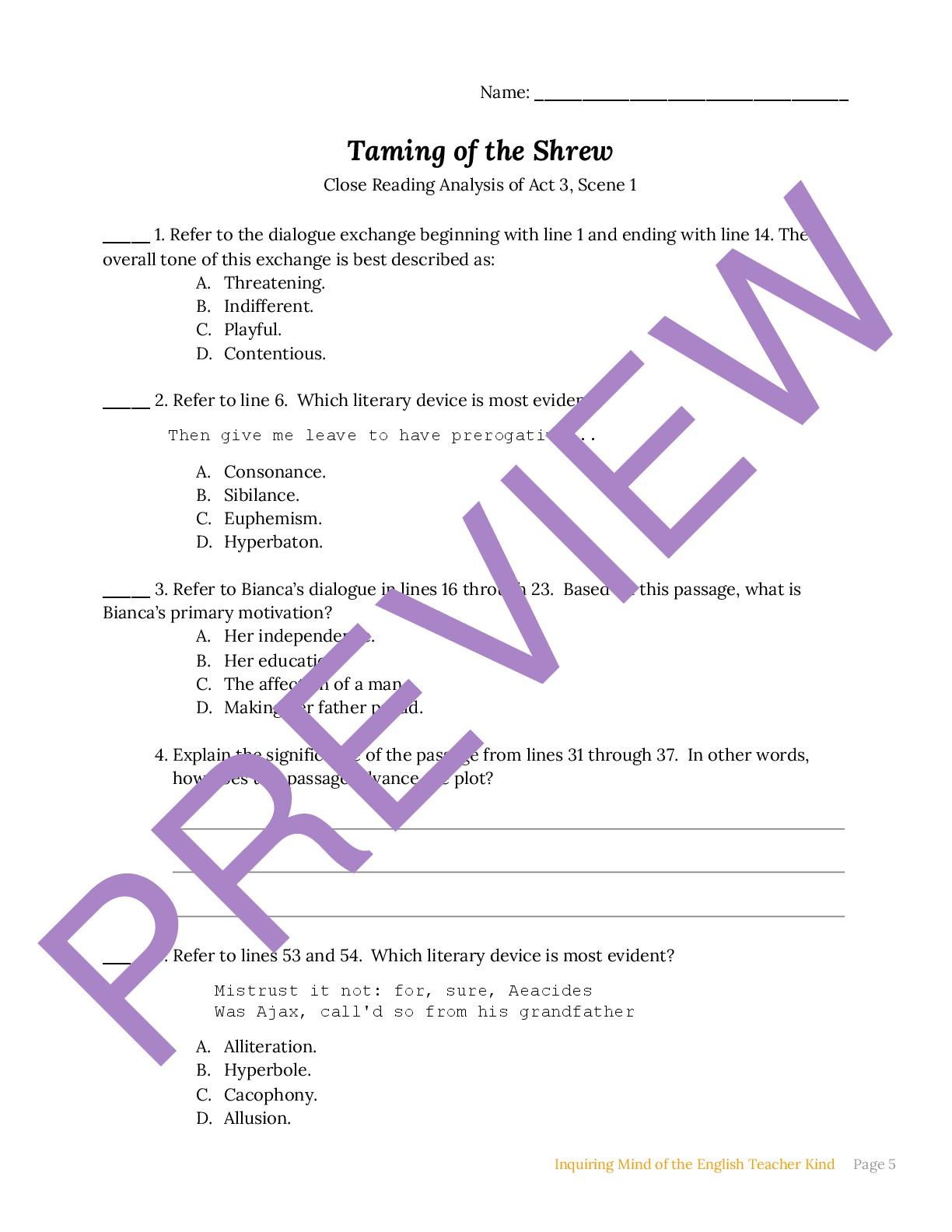 Shakespeare's Taming of the Shrew Act 3 Scene 2 Close Reading Analysis ...