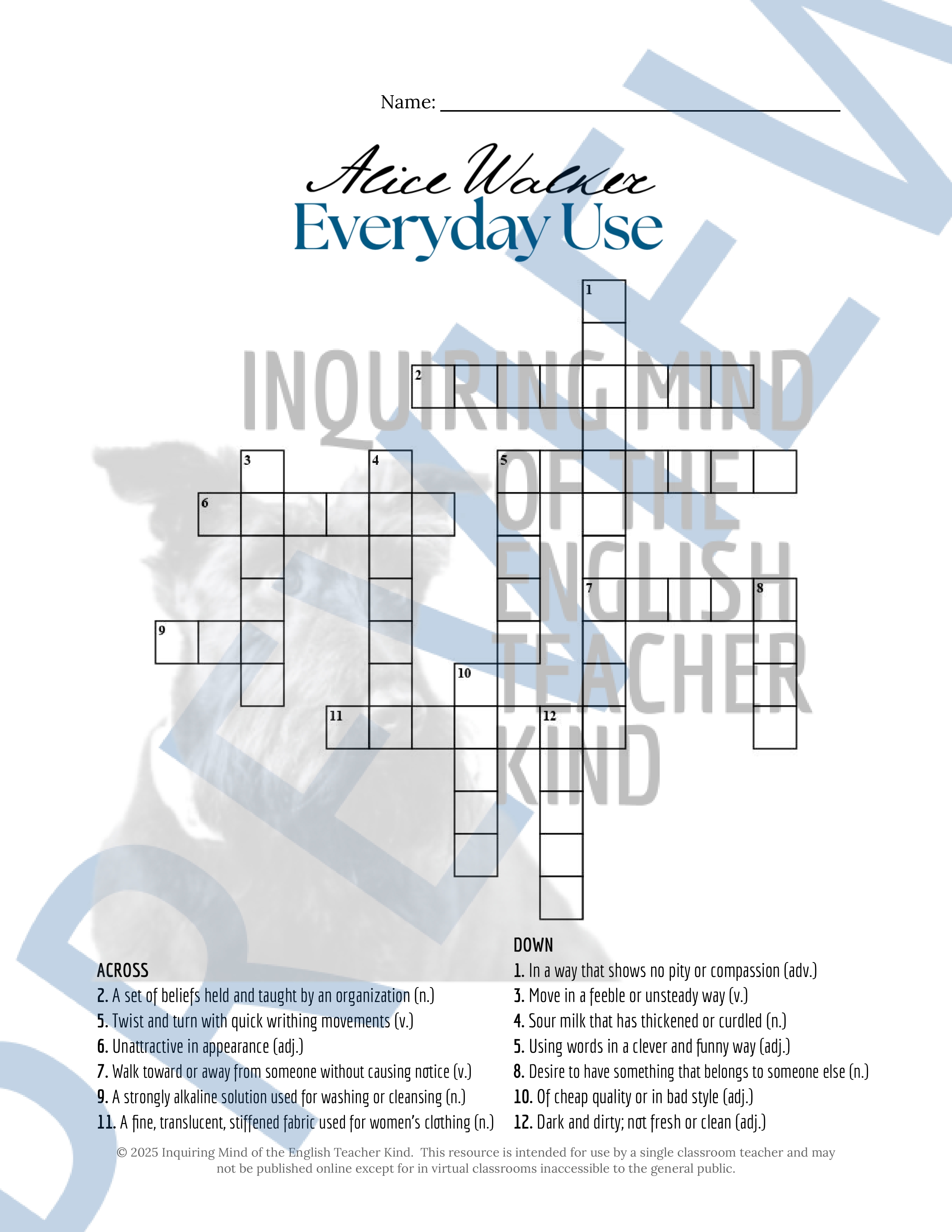 "Everyday Use" by Alice Walker Vocabulary Games and Activities ...