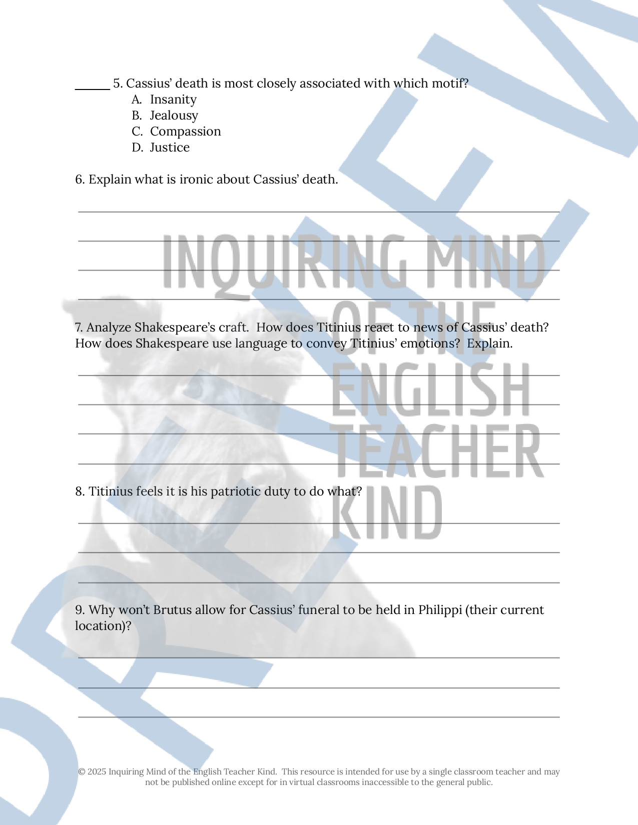 Julius Caesar Act 5 Scene 3 Close Reading Analysis Worksheet and Answer ...