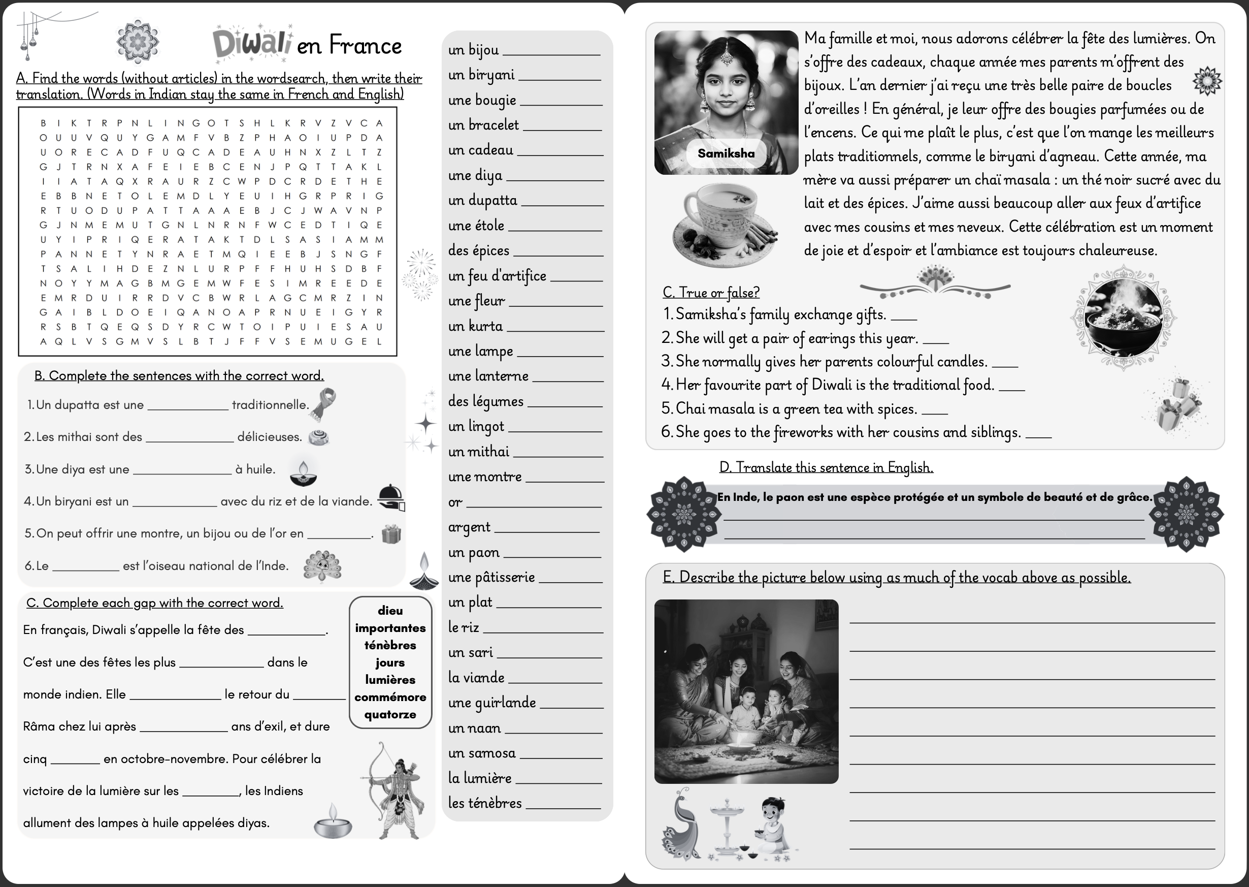 Diwali la fête des lumières - French GCSE worksheet | Teaching Resources