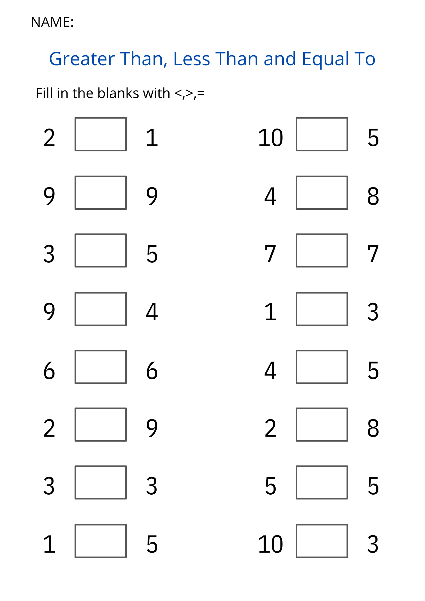 Printable Greater Than Less Than And Equal To Worksheet For Grade 1 2 Printable Greater Than Less Than And Equal To Worksheet For Grade 1 2