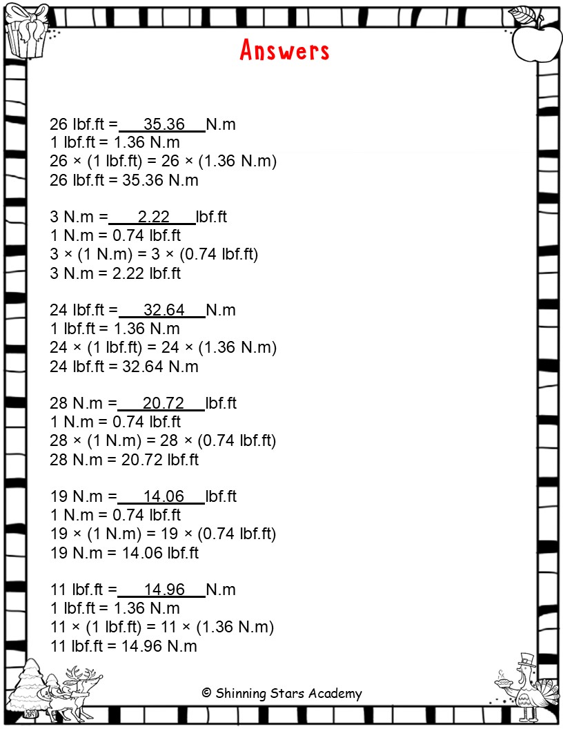 Conversion of English & Metric Unit (Torque) (N·m, lbf·ft) Worksheets ...