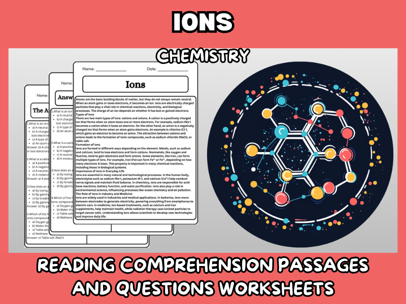 Ions - Chemistry Reading Comprehension Passages & Questions Worksheets ...