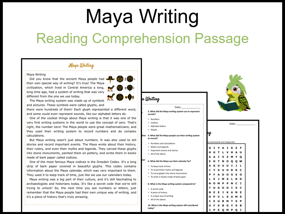 Maya Writing Reading Comprehension and Word Search | Teaching Resources
