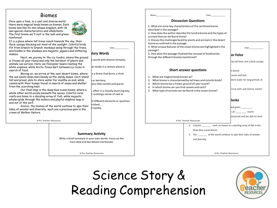 Biomes Reading Science Story Comprehension Questions Worksheet ...