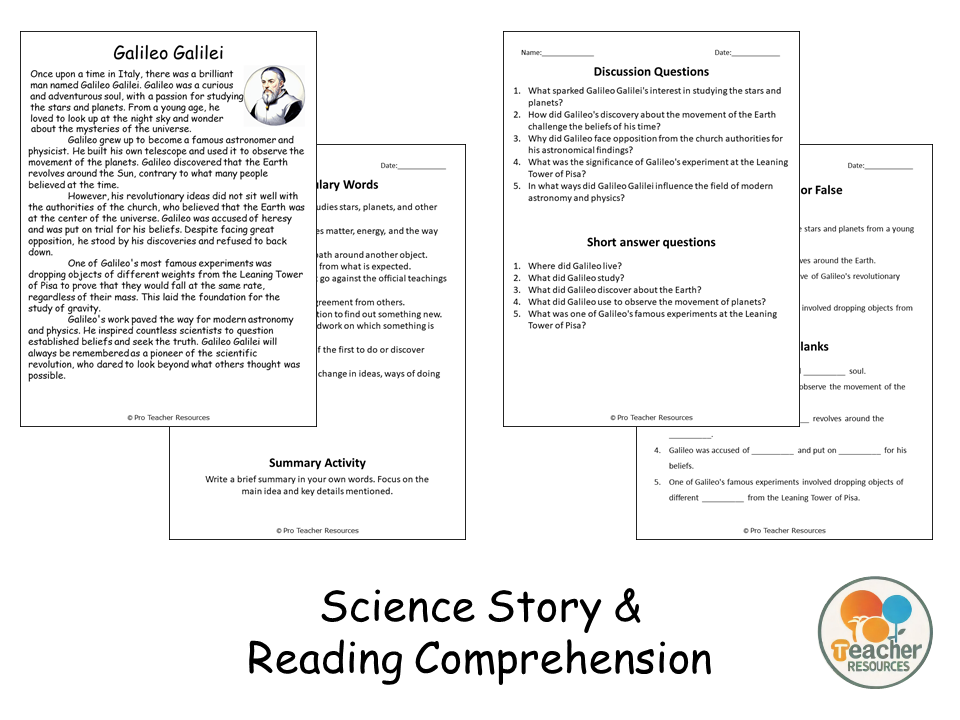 Galileo Galilei Reading Science Story Comprehension Questions Worksheet ...