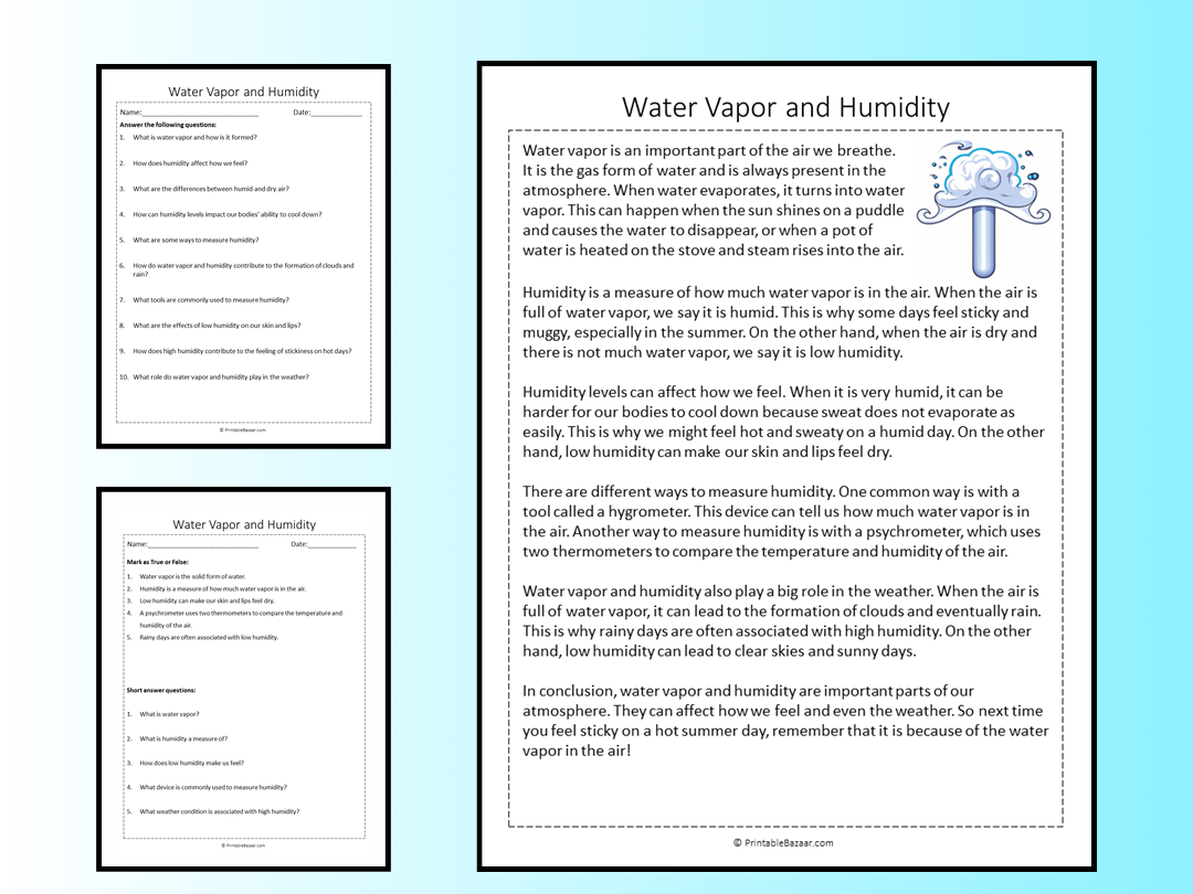 Water Vapor and Humidity Reading Comprehension Passage Printable ...