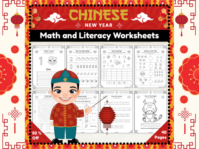 Chinese New Year Math & Literacy Worksheets Pack for K-2 Students ...