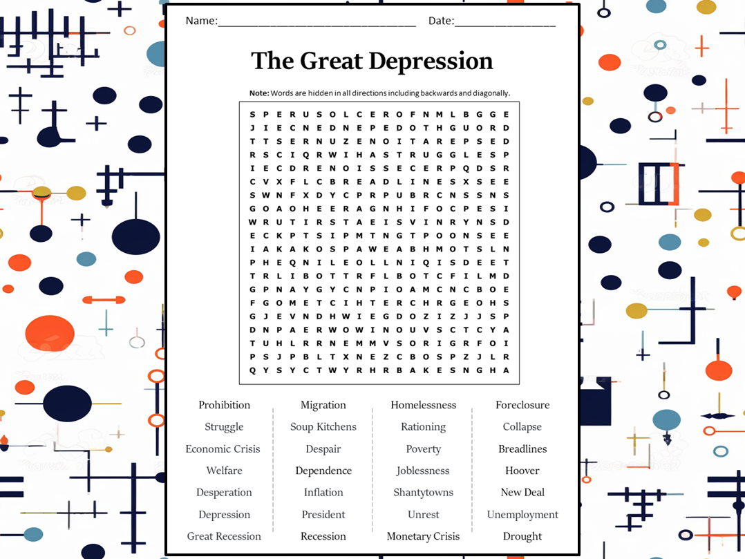 The Great Depression Word Search Puzzle Worksheet Activity | Teaching ...