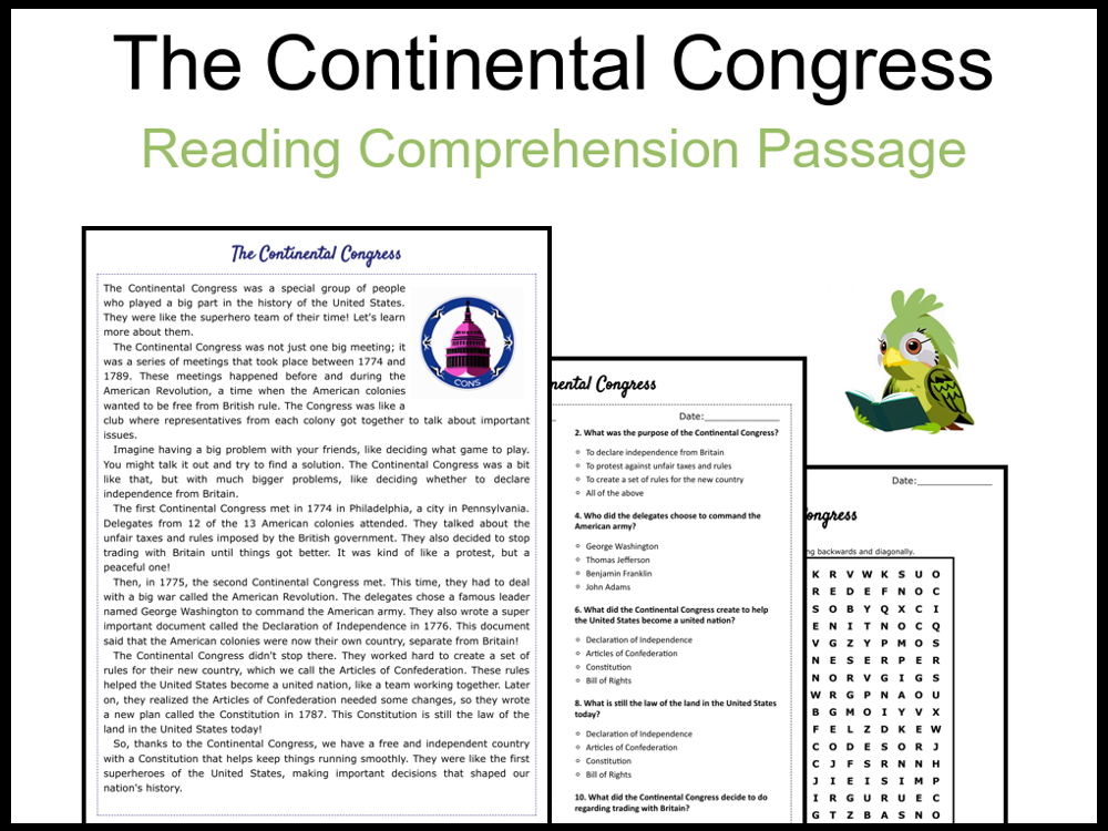 The Continental Congress Reading Comprehension and Word Search ...