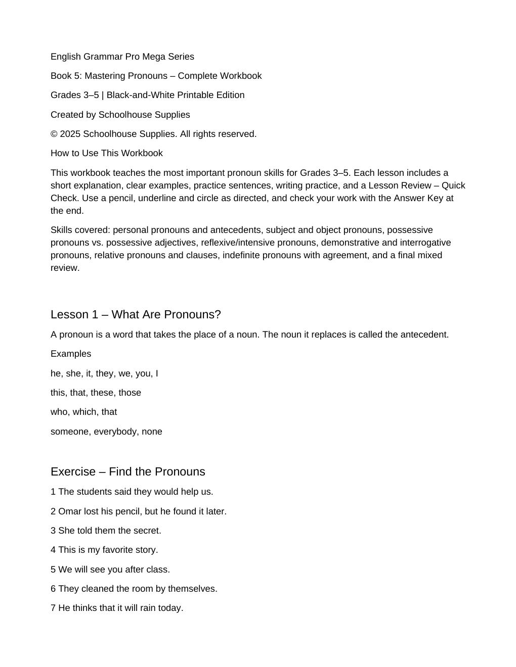 English Grammar: Mastering Pronouns – Complete Workbook (Grades 3–5 ...