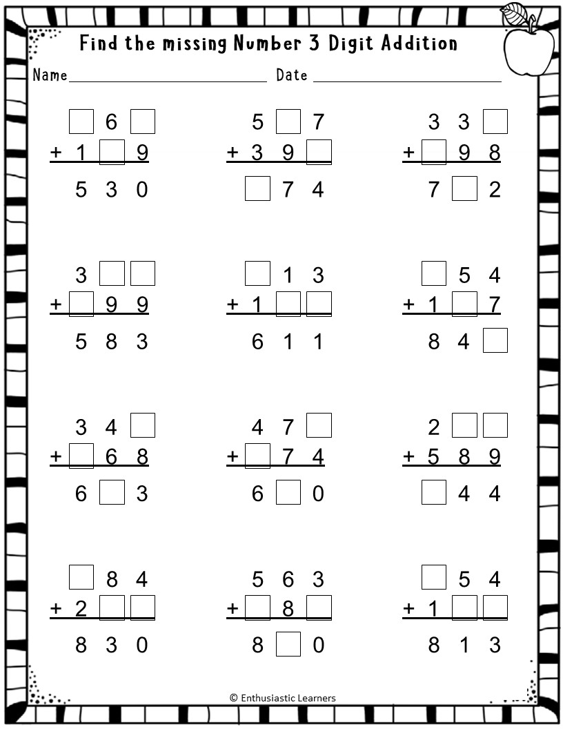 3-Digit Addition with Regrouping Missing Numbers Worksheets – Practice Activity | Teaching Resources