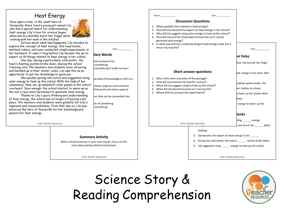 Heat Energy Reading Science Story Comprehension Questions Worksheet ...
