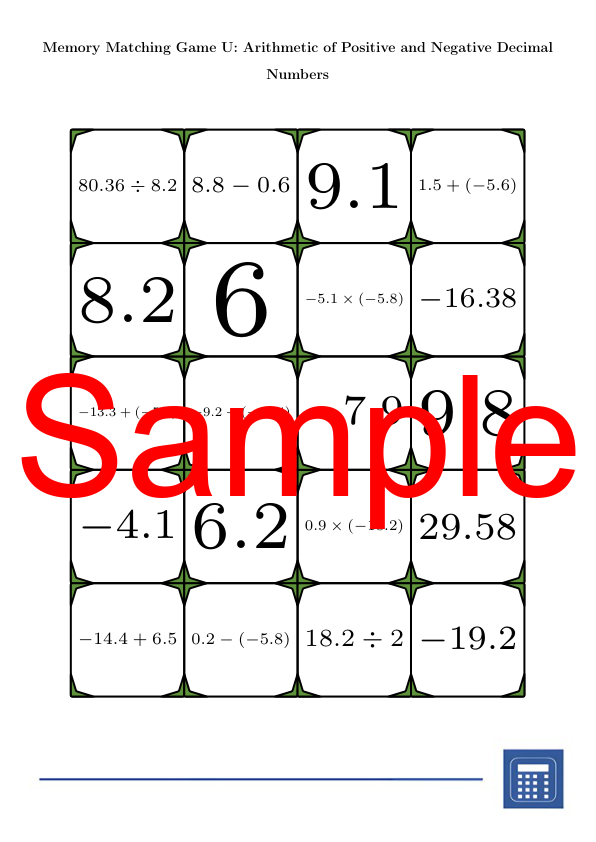 Memory Matching Game | Arithmetic of Positive and Negative Decimal ...