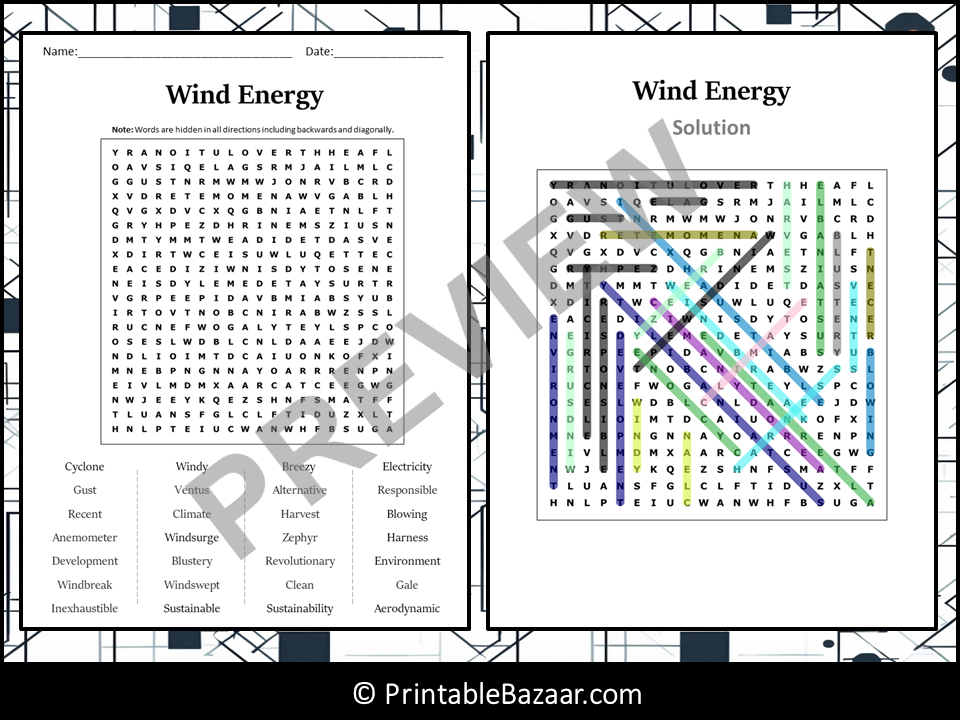 Wind Energy Word Search Puzzle Worksheet Activity | Teaching Resources