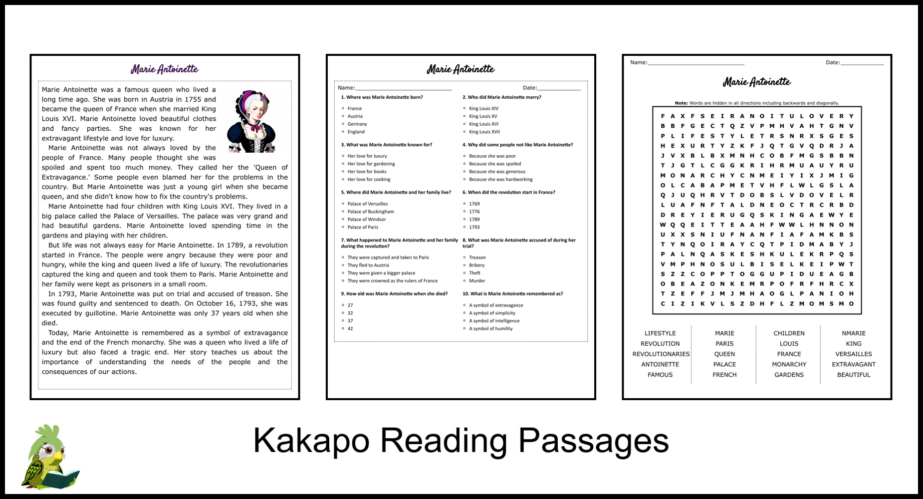 Marie Antoinette Reading Comprehension and Word Search | Teaching Resources