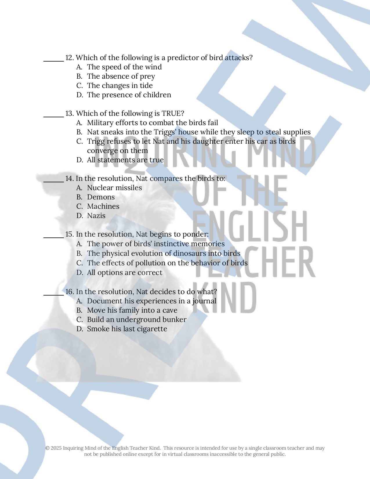 "The Birds" by Daphne du Maurier Quiz and Answer Key | Teaching Resources