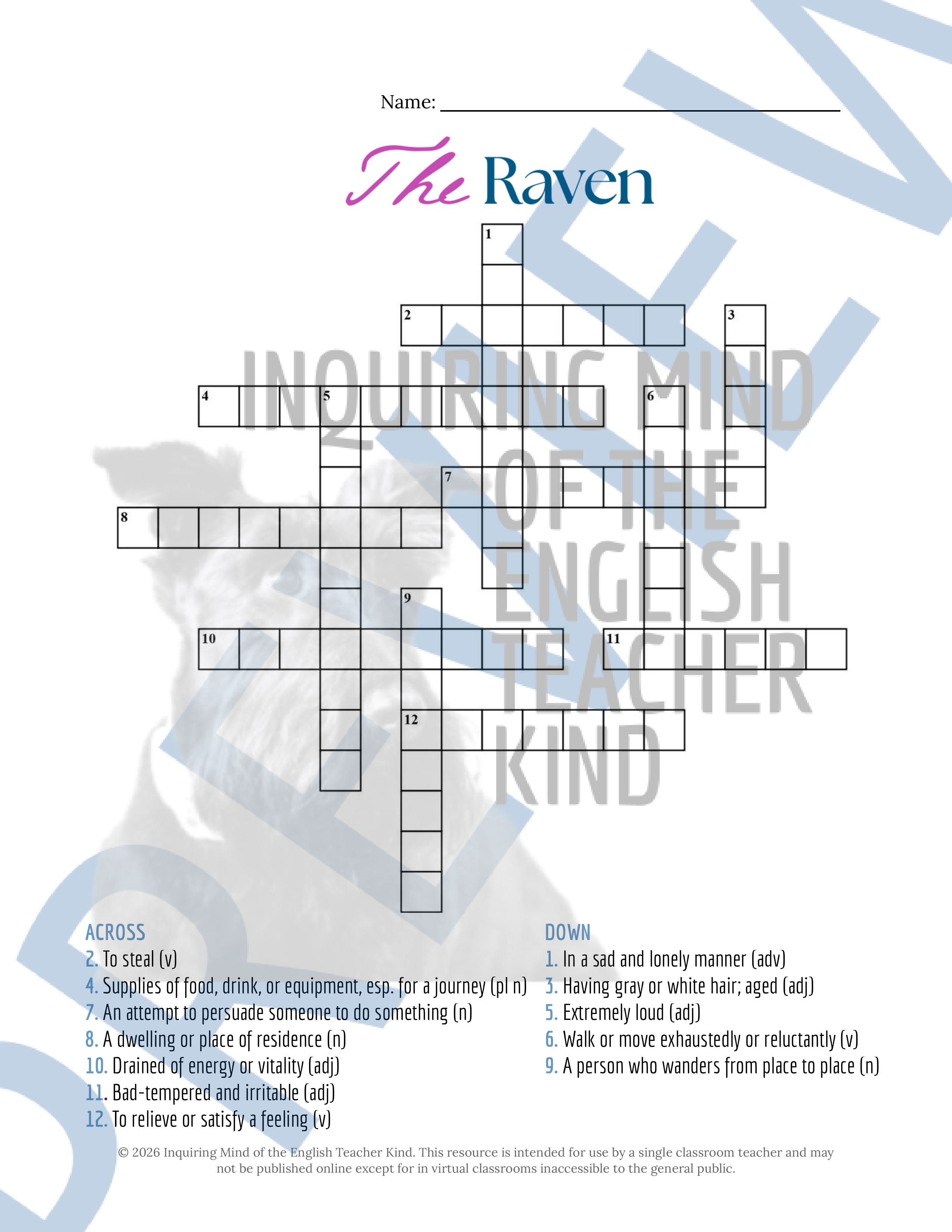 "The Raven" Vocabulary Activities | Grimm's Fairy Tale | Crossword ...