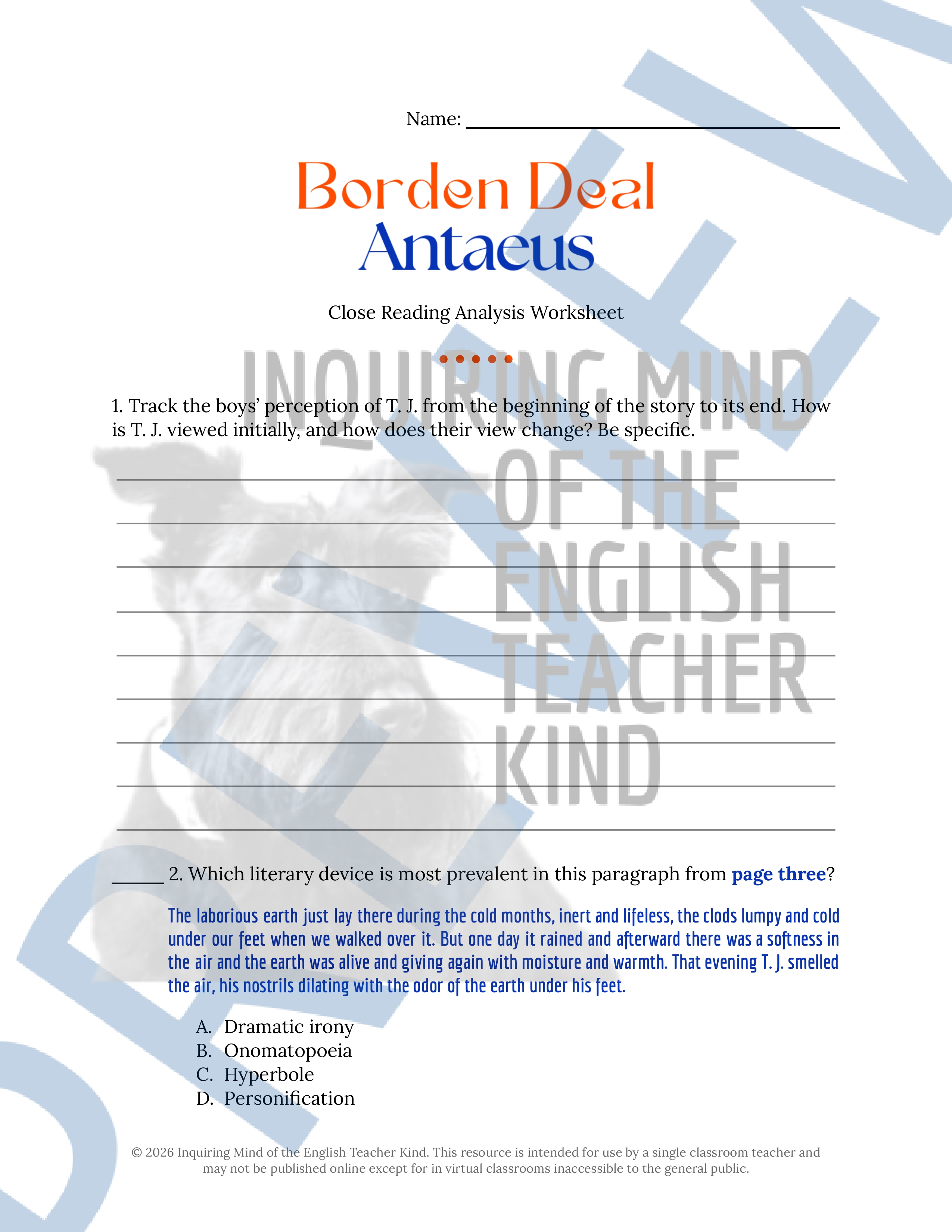 "Antaeus" by Borden Deal Close Reading Analysis Worksheet | Adolescent ...