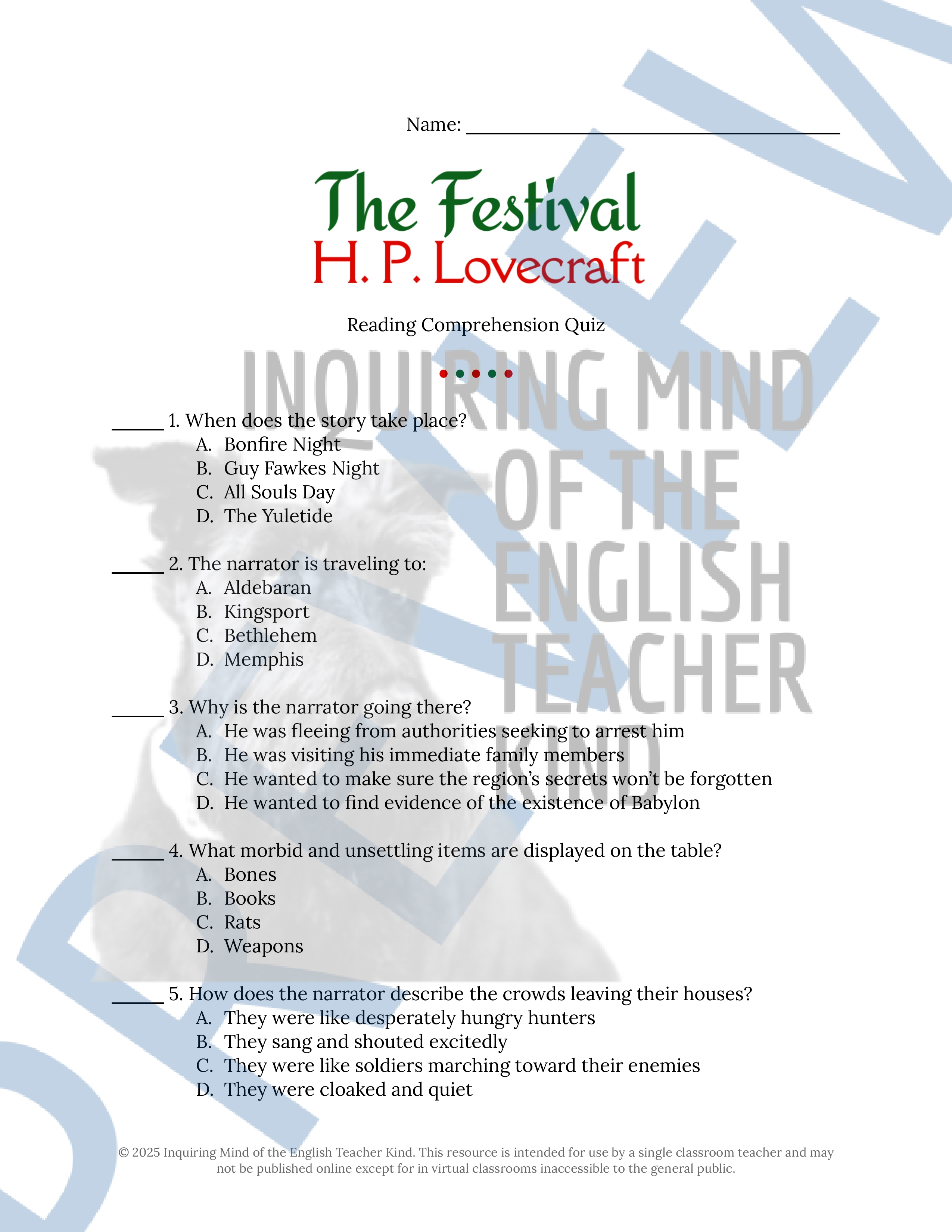 "The Festival" by H.P. Lovecraft Quiz and Answer Key | Horror Story for ...