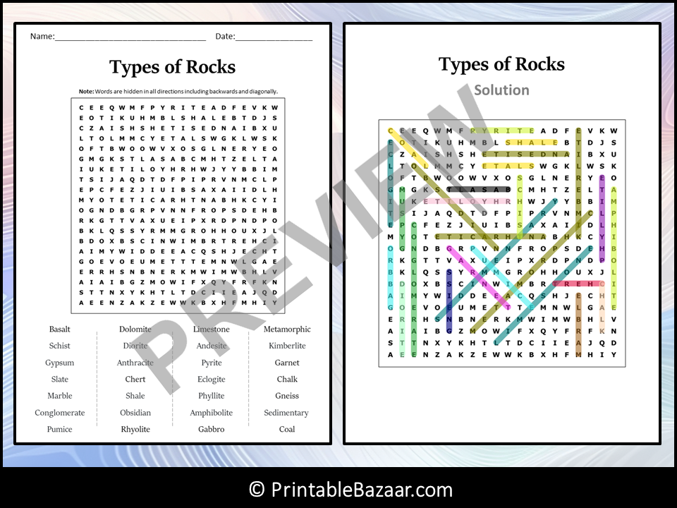 Classification of Rocks Word Search and Vocabulary Worksheet Activities ...
