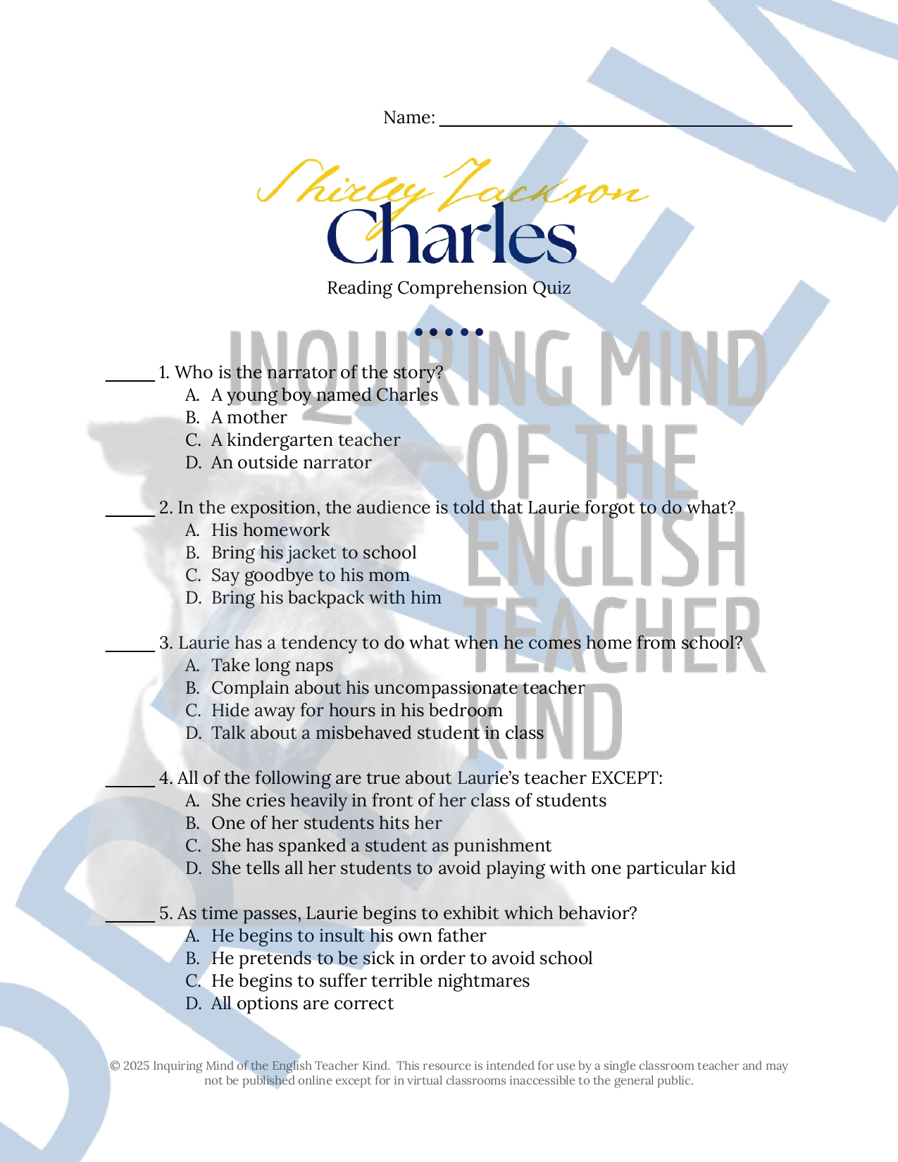 "Charles" by Shirley Jackson Quiz and Answer Key | Teaching Resources