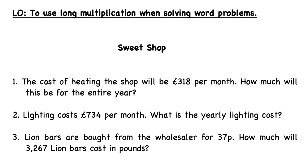 KS2 Long Multiplication Word Problems Worksheet Teaching Resources