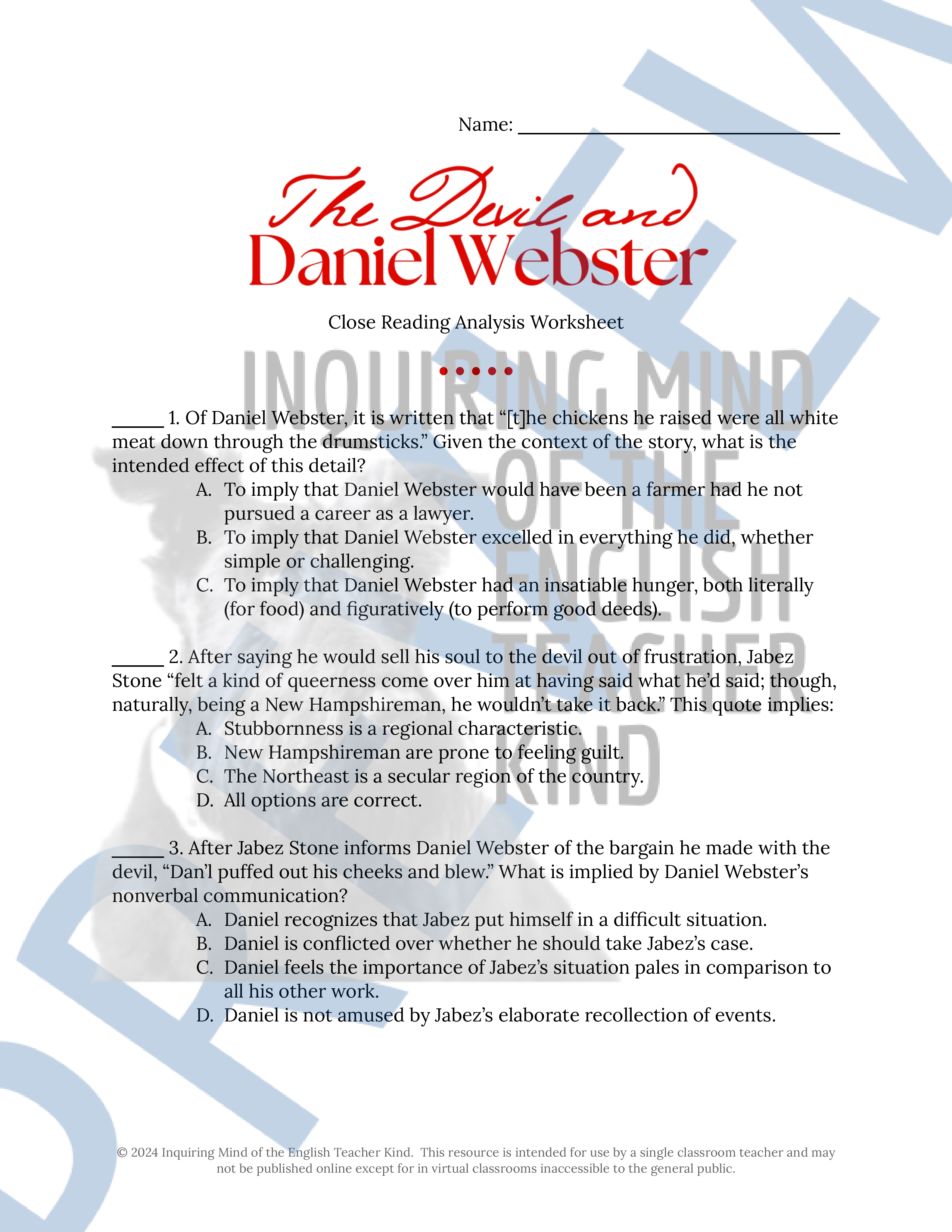"The Devil and Daniel Webster" Close Reading Analysis Worksheet (Short ...