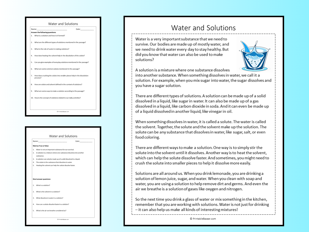 Water and Solutions Reading Comprehension Passage Printable Worksheet ...
