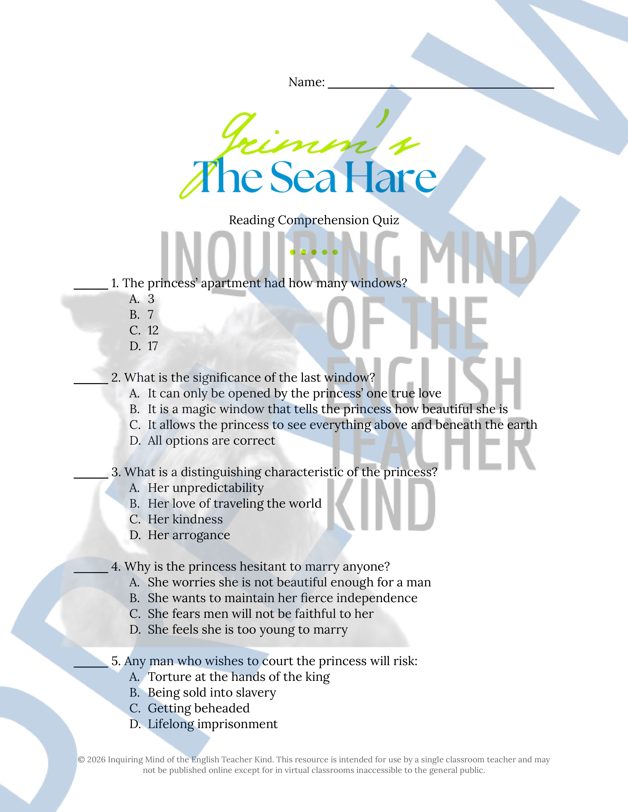 "The Sea Hare" Quiz and Answer Key | Grimm's Fairy Tale Assessment ...