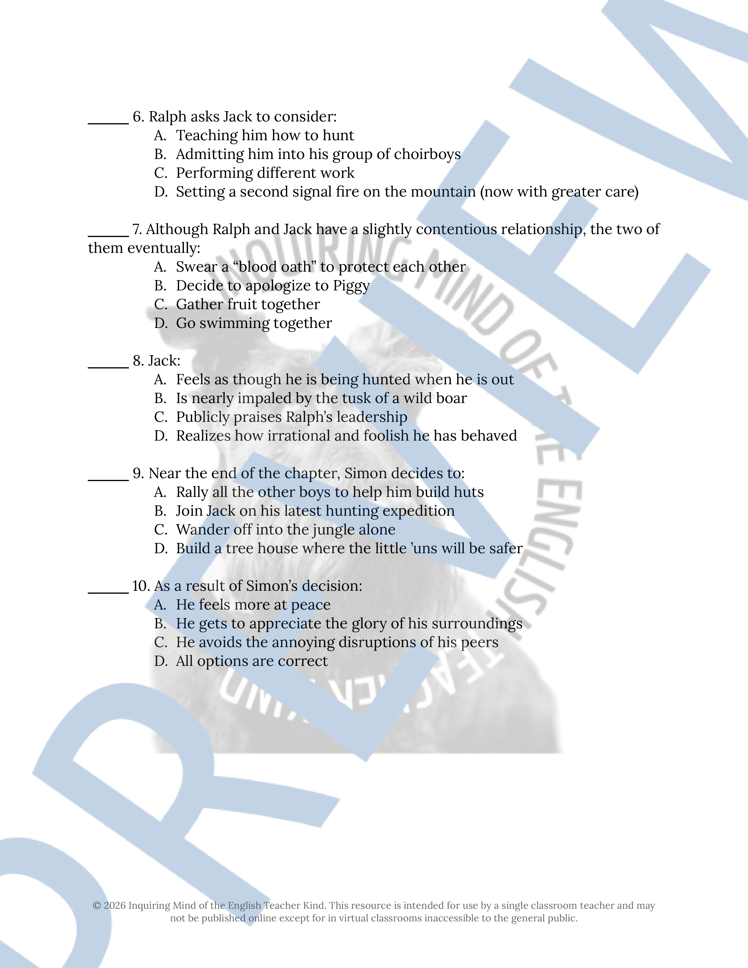 Lord of the Flies Chapter 3 Quiz and Answer Key | Guided Reading ...