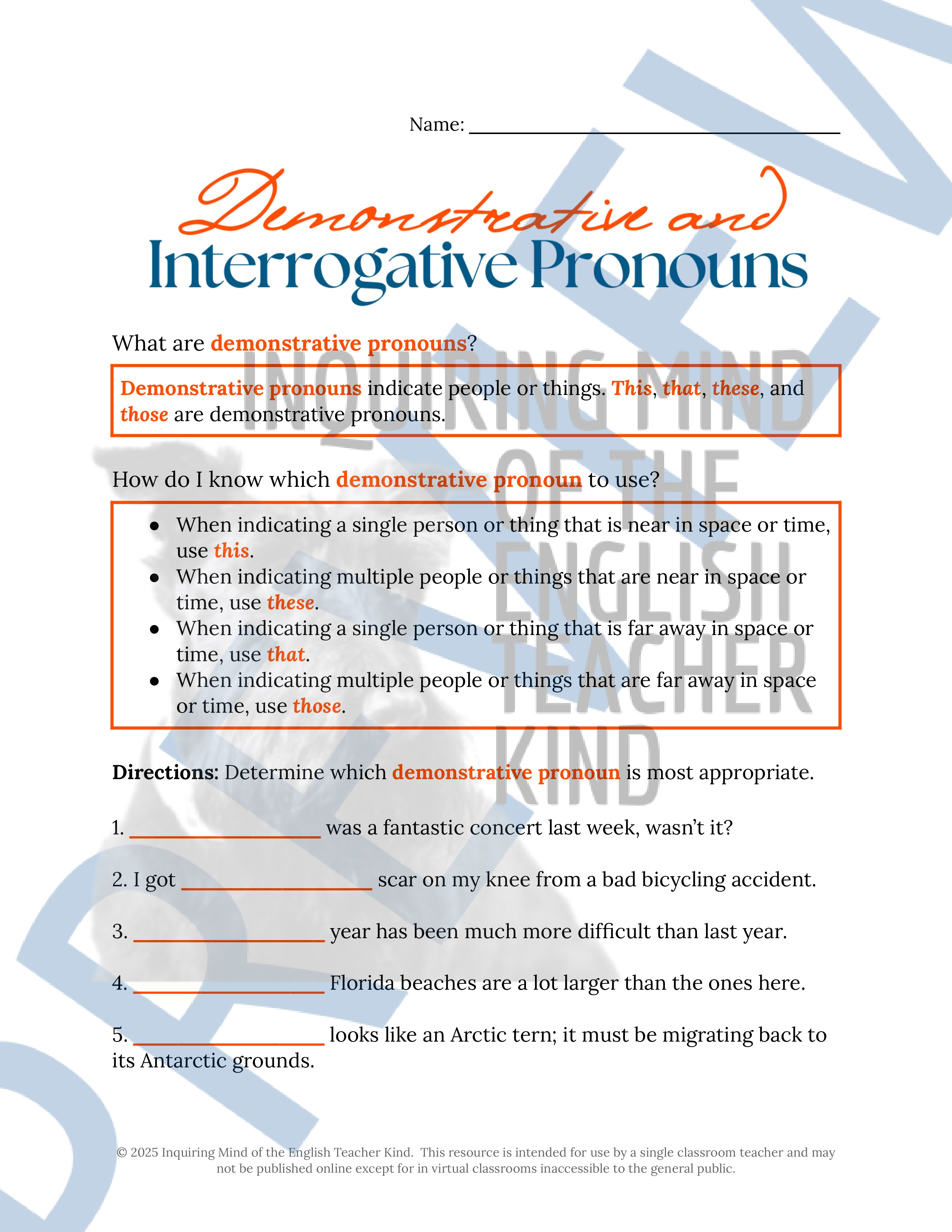 Grammar Review Practice Worksheet on Demonstrative and Interrogative ...