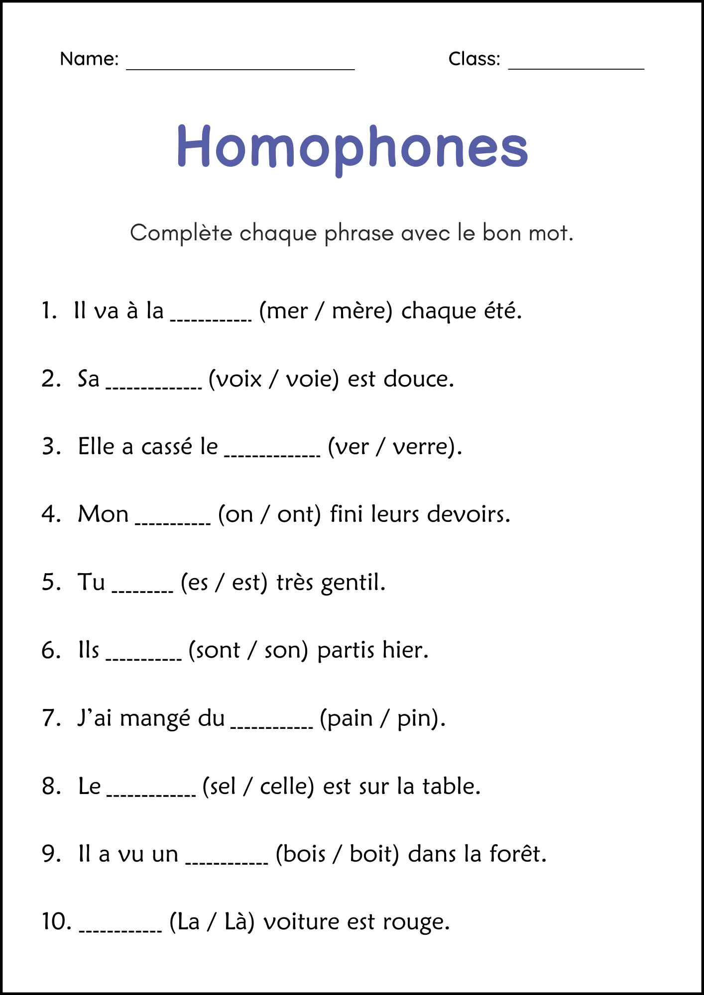 Fiches de Grammaire sur les Homophones - Homophones Grammar Worksheets ...