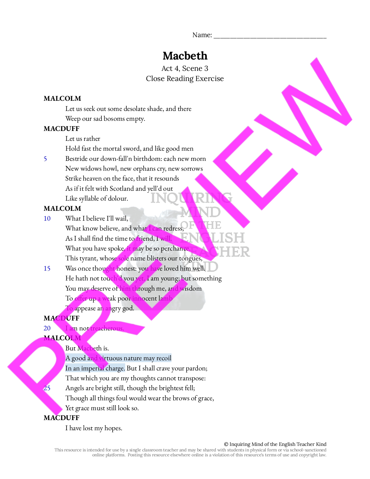 Macbeth Act 4 Scene 3 Close Reading Worksheet | Teaching Resources