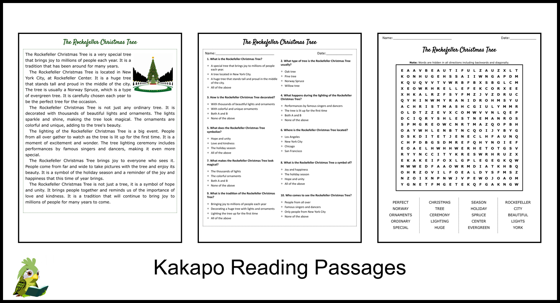 The Rockefeller Christmas Tree Reading Comprehension and Word Search ...