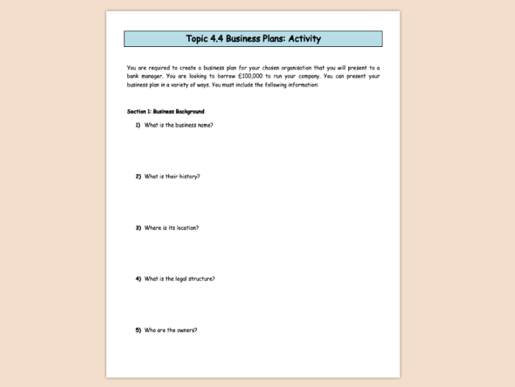 Business Plan Worksheet Middle School