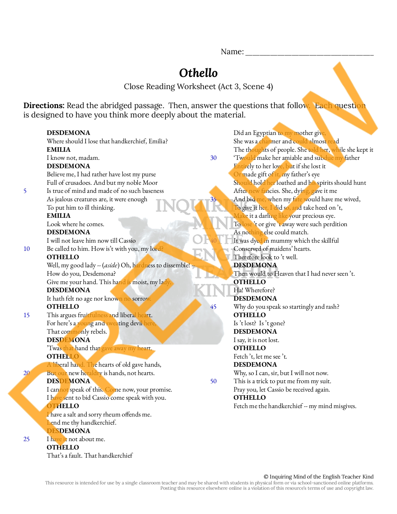 Othello Act 3 Scene 4 Close Reading Worksheet | Teaching Resources