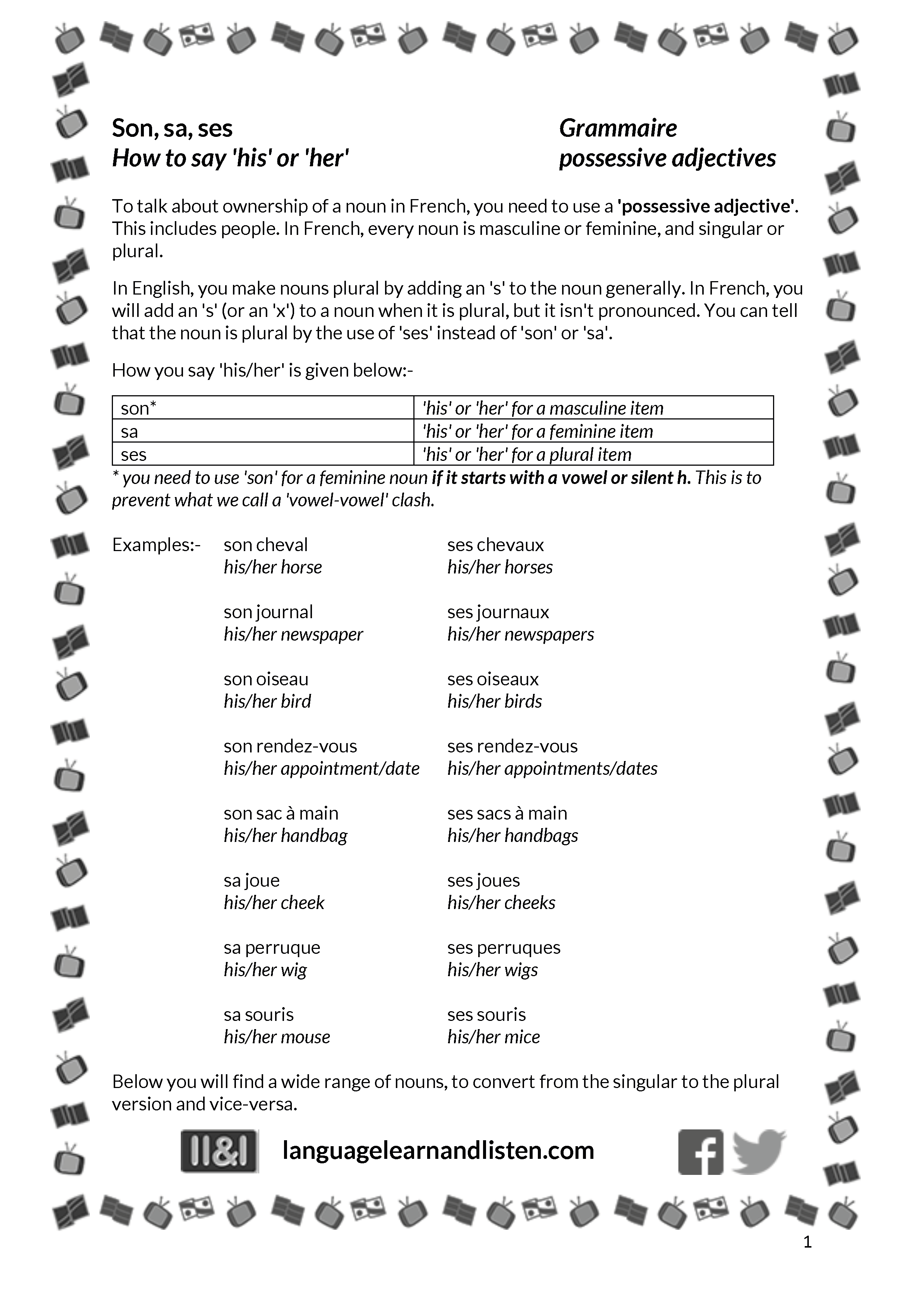 French - possessive adjectives - Son, sa, ses - How to say 'his' or ...