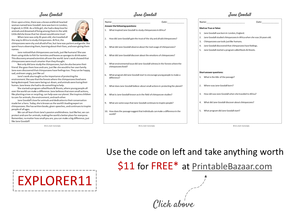 Jane Goodall Biography Reading Comprehension Passage Printable ...