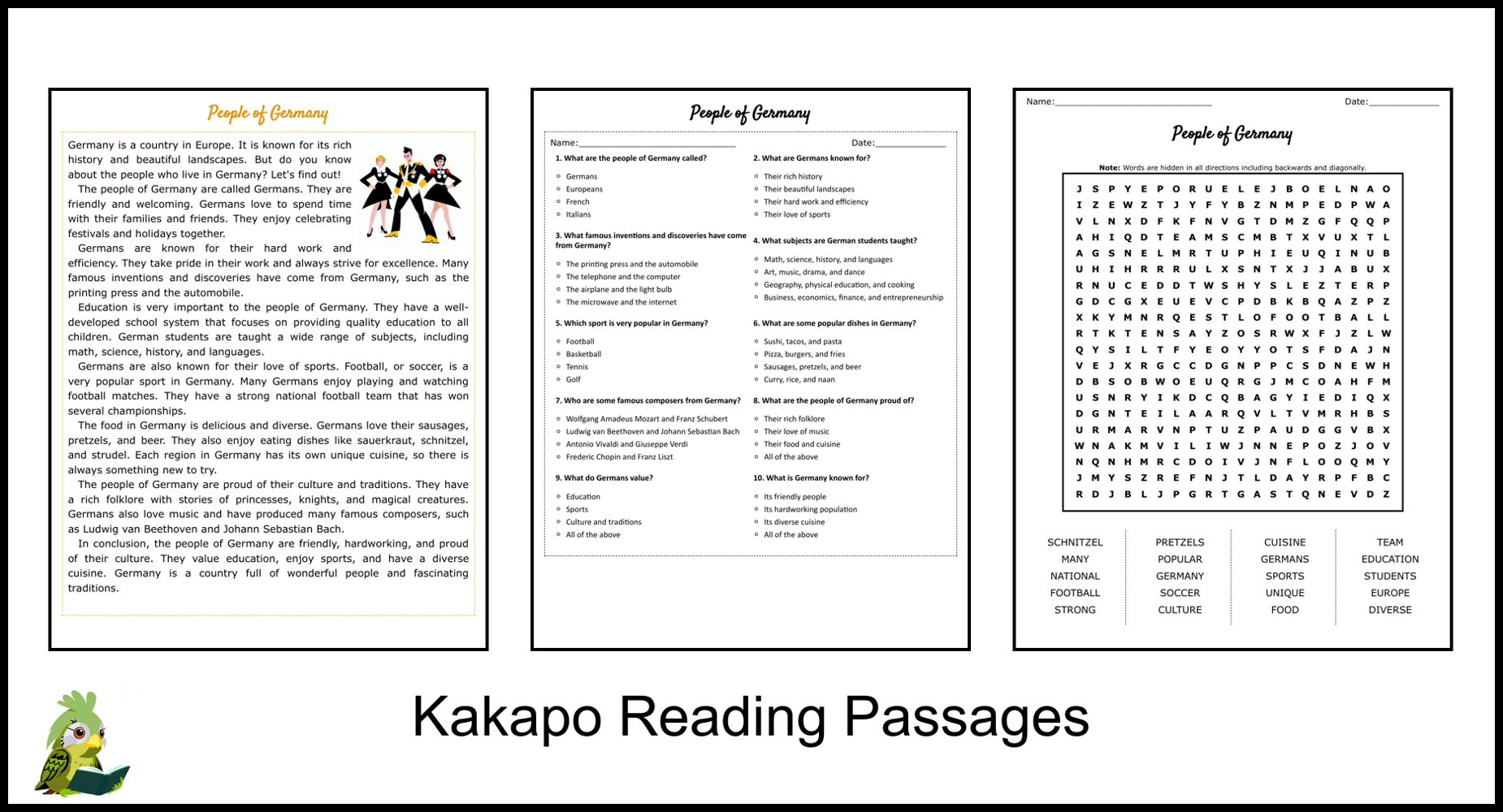 People of Germany Reading Comprehension and Word Search | Teaching ...