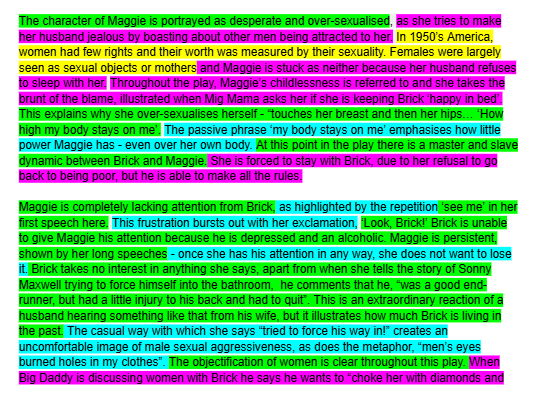 Cat on a Hot Tin Roof AS LEVEL exam response - colour coded | Teaching ...