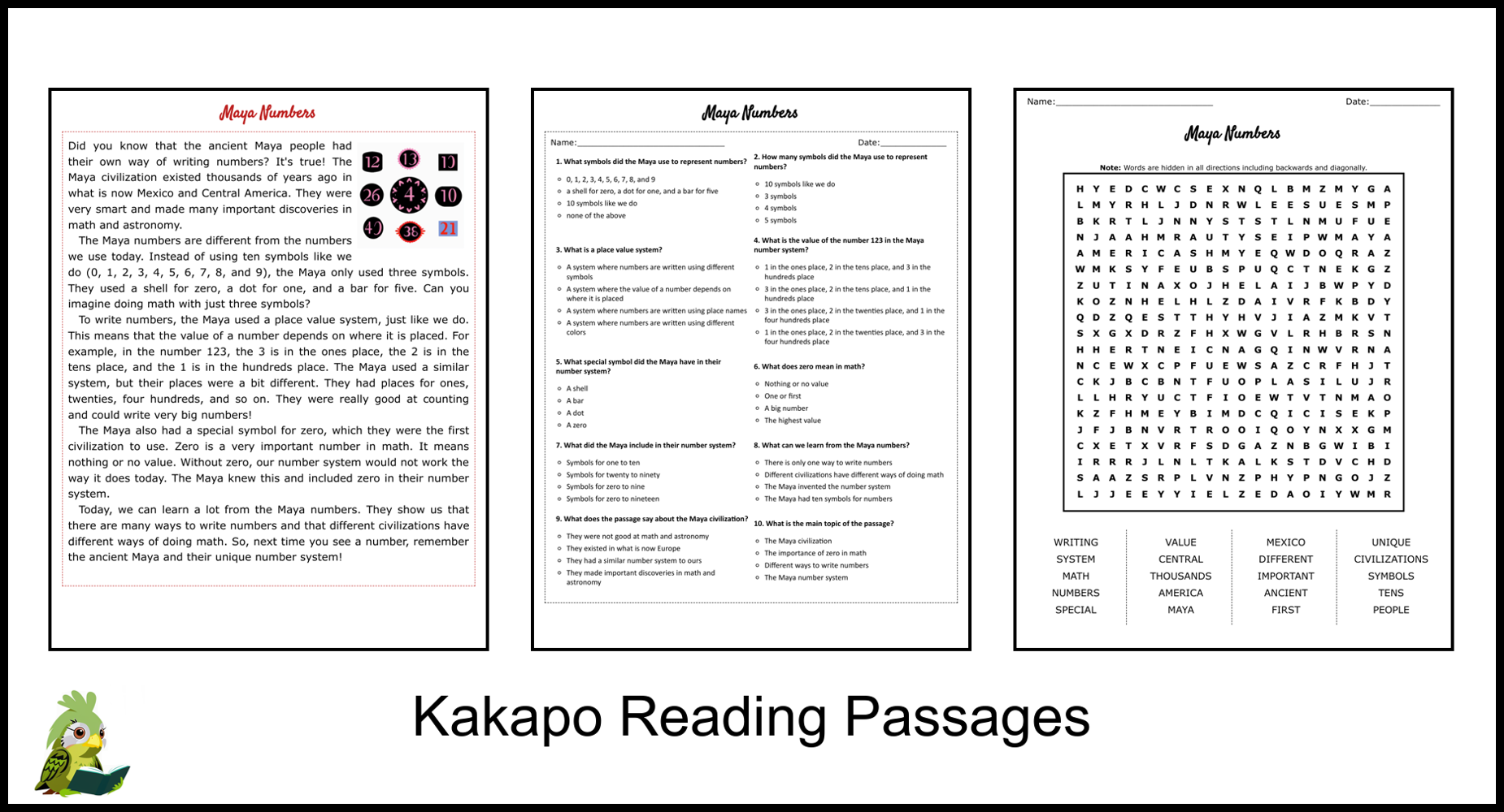Maya Numbers Reading Comprehension and Word Search | Teaching Resources