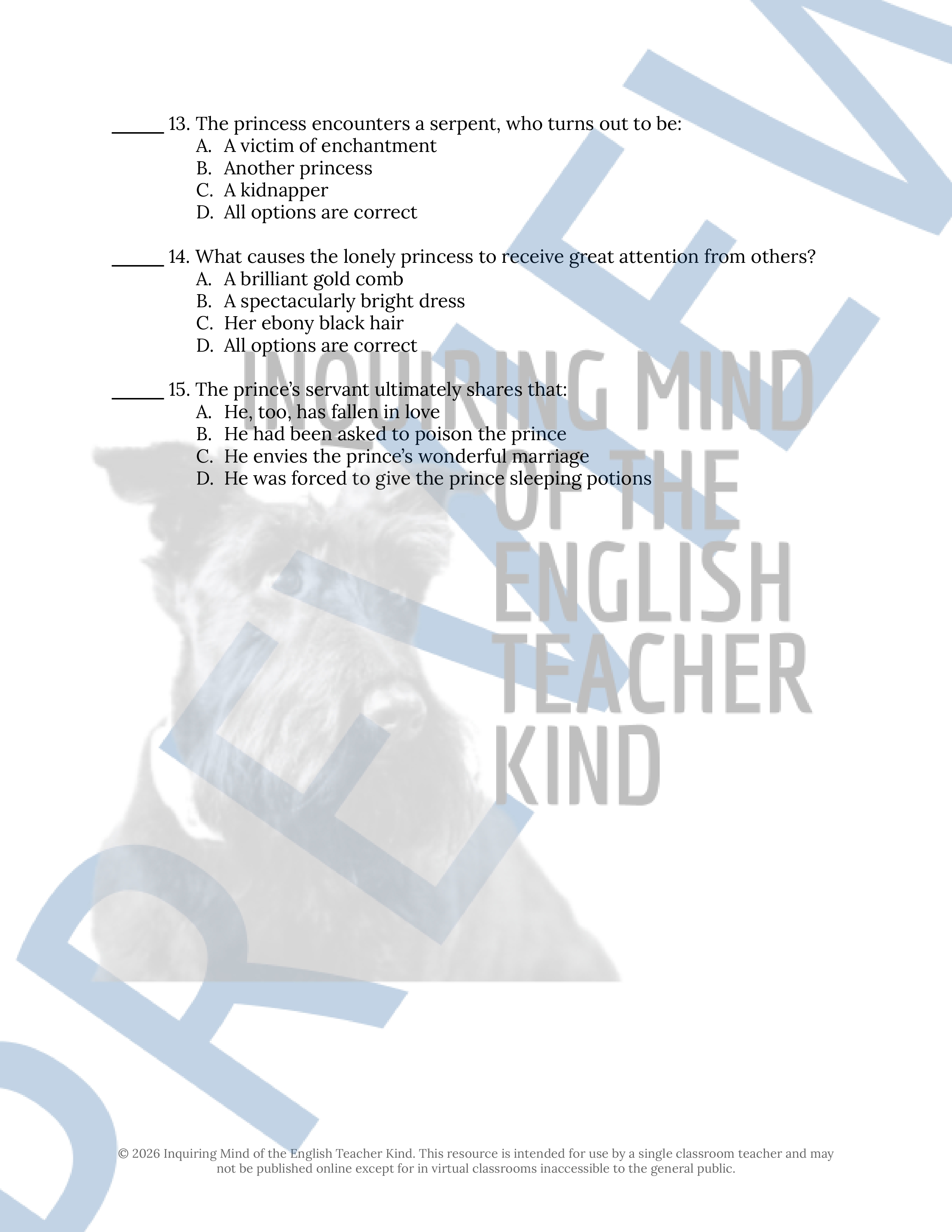 "The Singing, Springing Lark" Quiz and Answer Key | Grimm's Fairy Tale ...