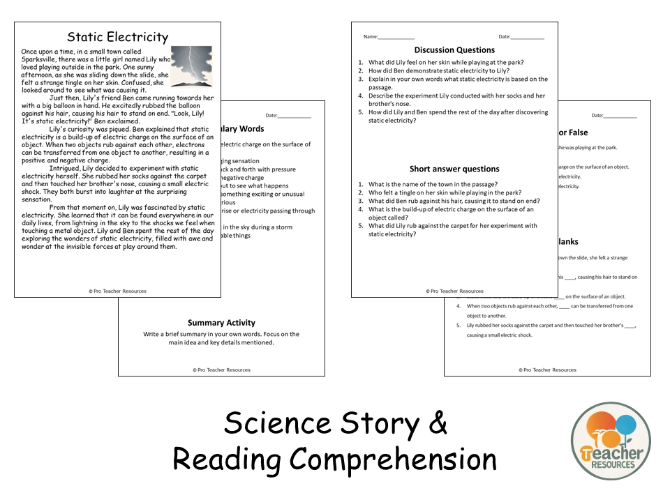 Static Electricity Reading Science Story Comprehension Questions ...