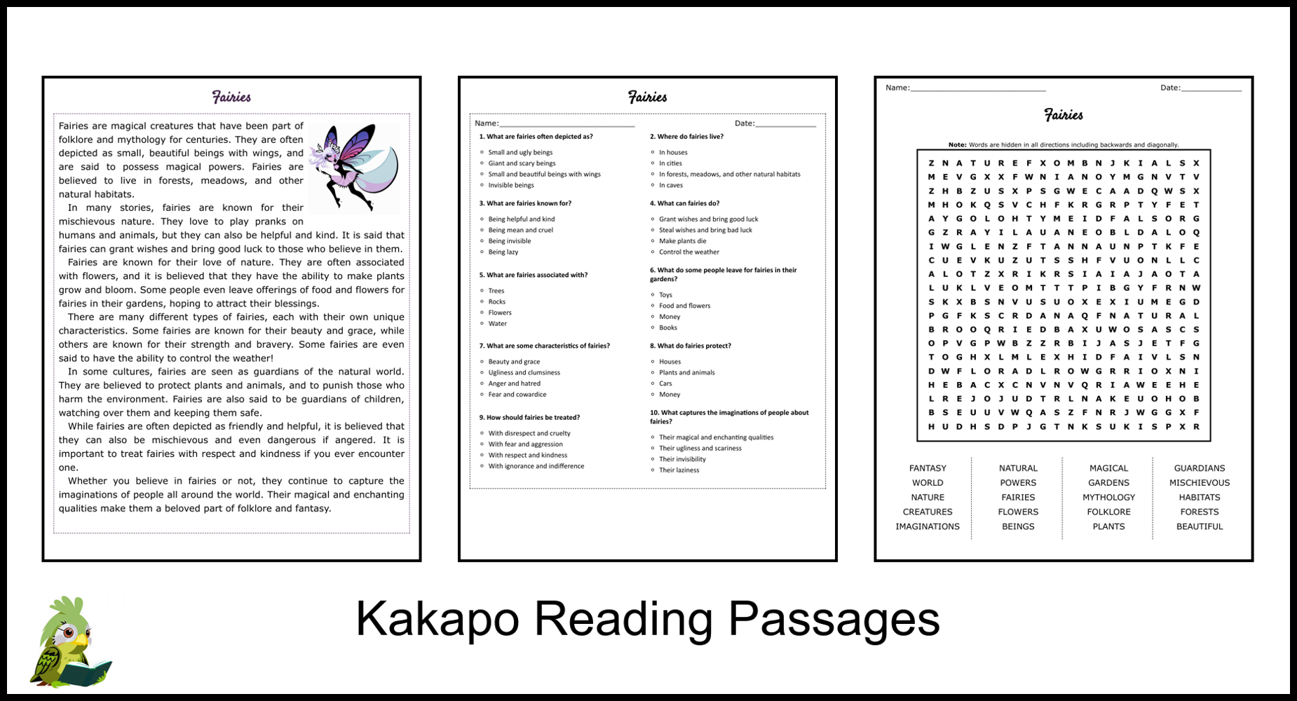 Fairies Reading Comprehension and Word Search | Teaching Resources